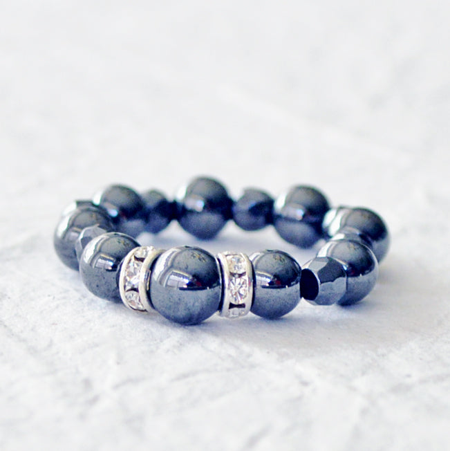 Black Magnetic Hematite Ring with Crystal Accents